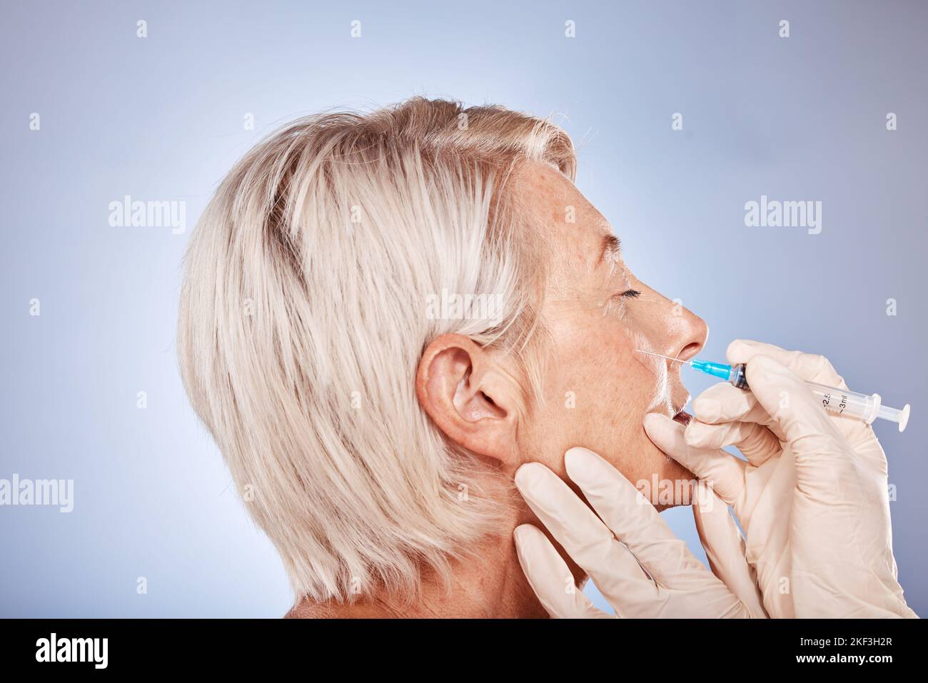 Plastic surgery, senior woman and injection for botox, toned skin and ...