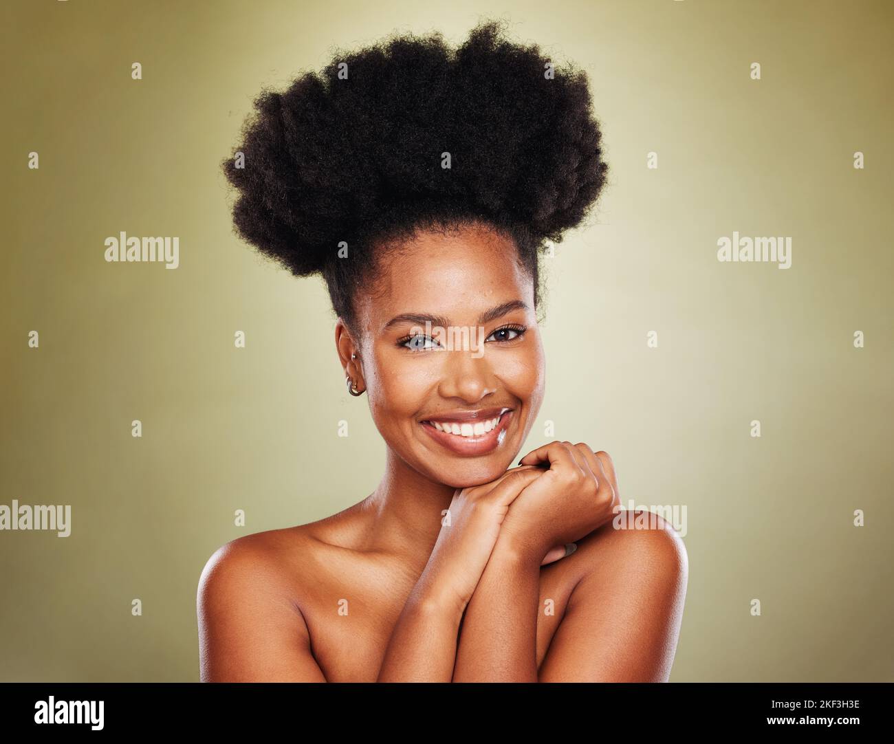Black woman afro, beauty and smile for skincare cosmetics or makeup ...