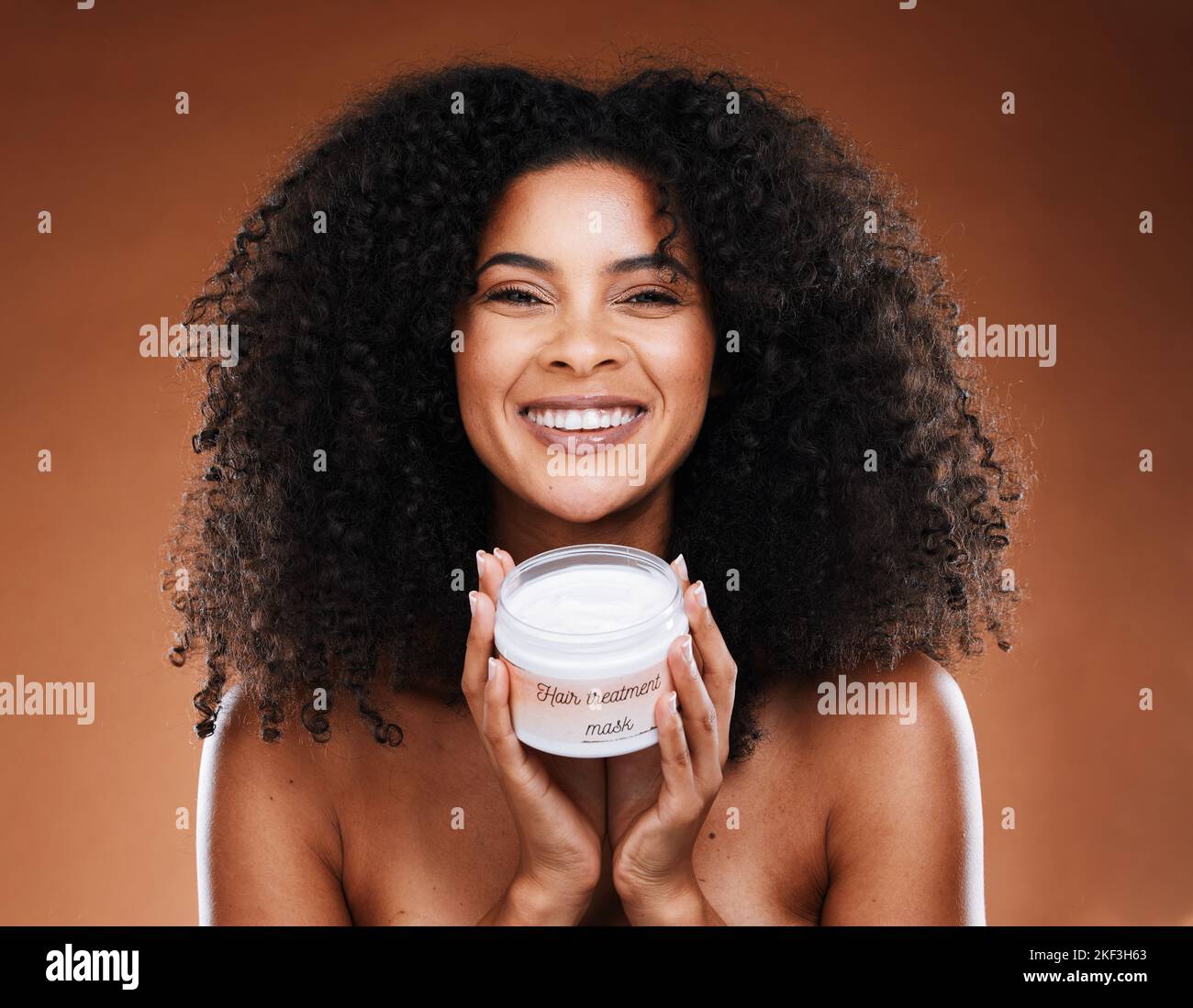 Cosmetics, cream and black woman with hair, face mask or natural beauty ...