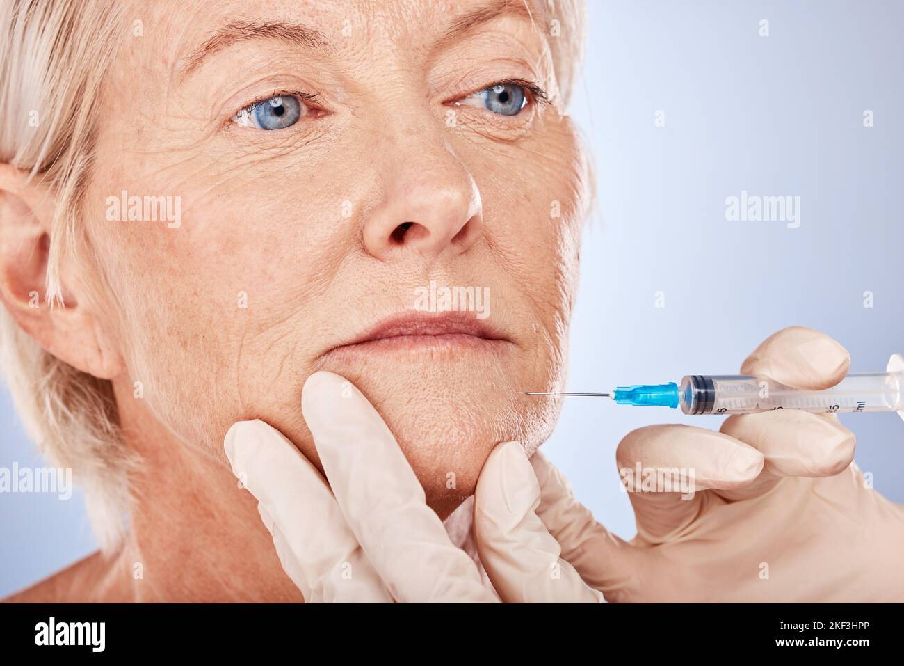 Plastic surgery, botox and senior woman with needle, skincare injection ...