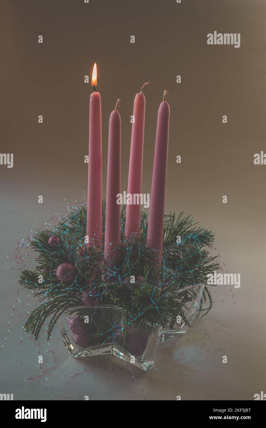 4 pink advent candles in religious cristian traditional wreath ...