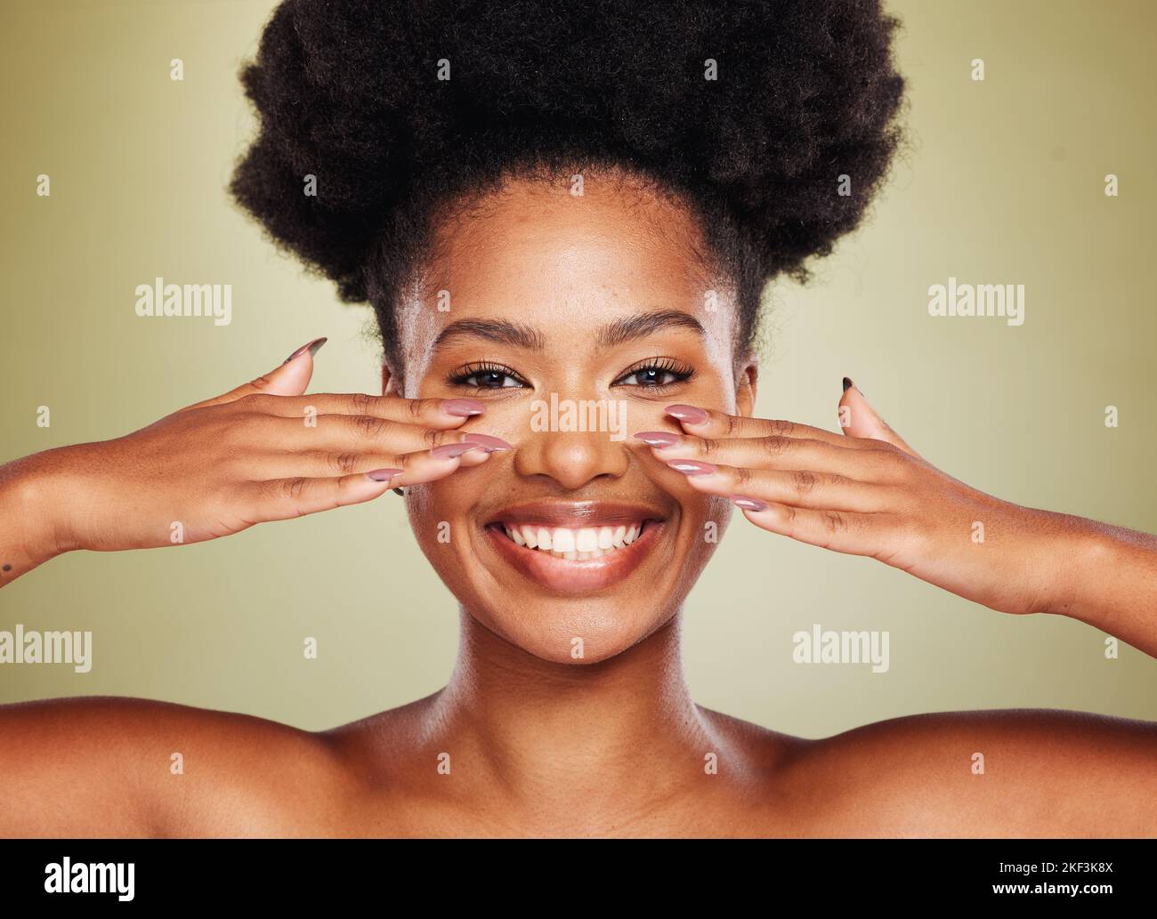 Black woman afro, face and smile for skincare, cosmetics or makeup ...