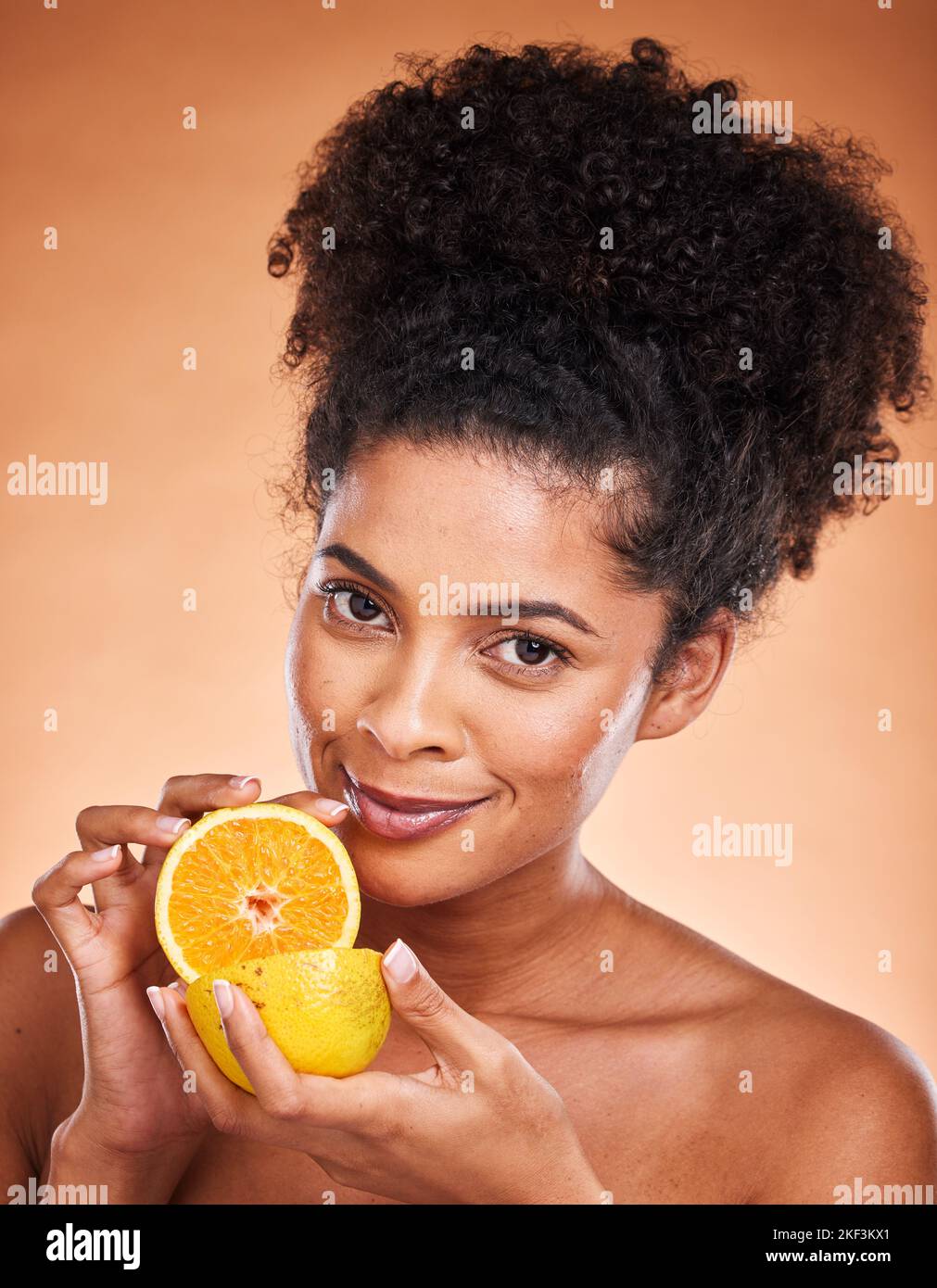 Lemon, skincare and black woman with food to detox against a brown ...