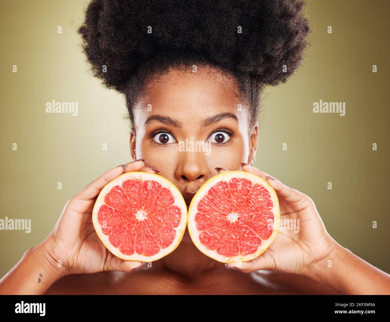Face portrait, skincare and black woman with grapefruit isolated on a ...