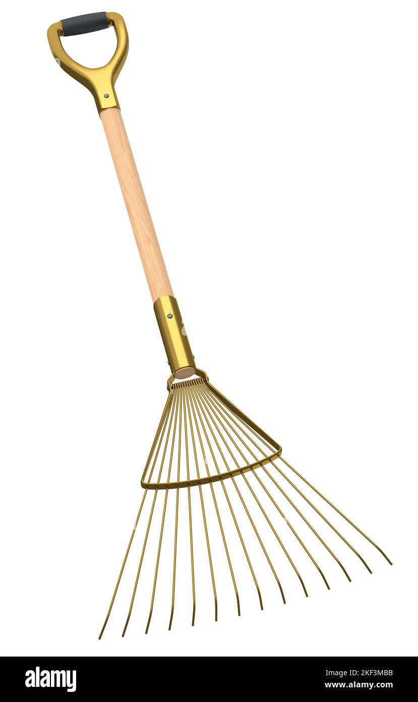 Garden rake with wooden handle for harvesting hay isolated on white ...