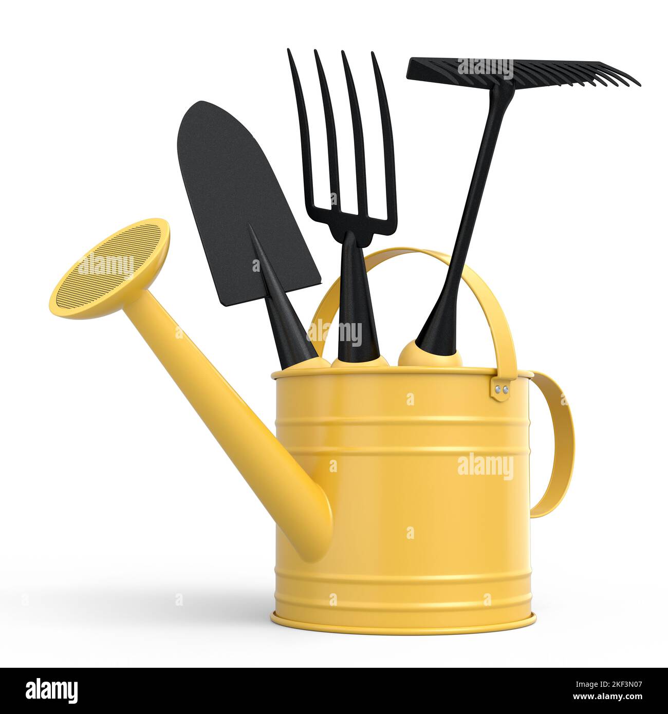 Watering can with garden tools like shovel, rake and fork on white ...