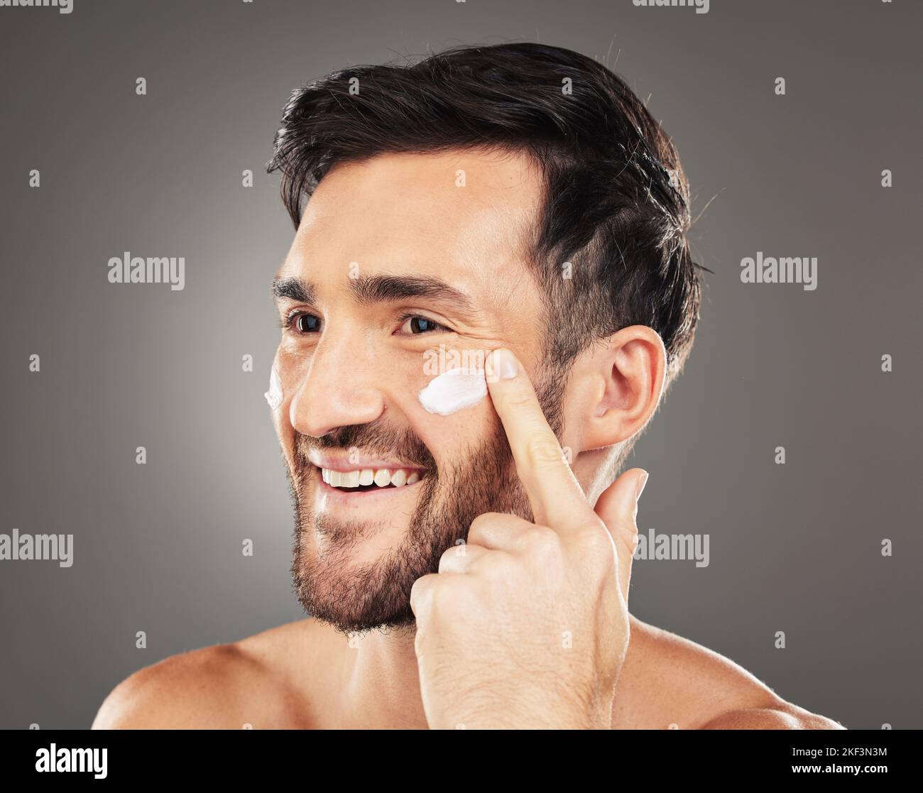 Beauty, sunscreen and face of man with cream product for health ...
