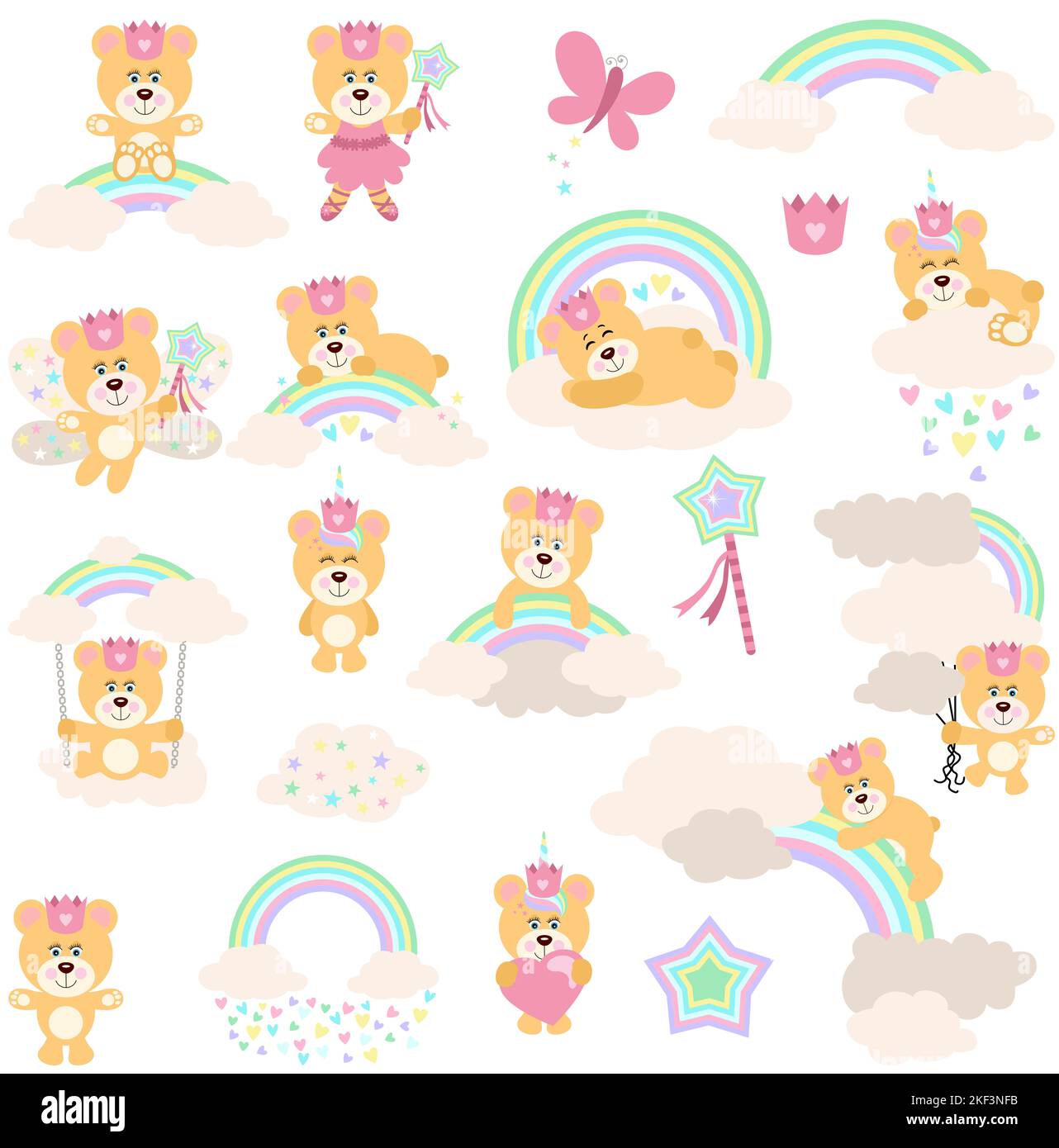 Set of digital elements of sweet dreams with princess teddy bear Stock ...