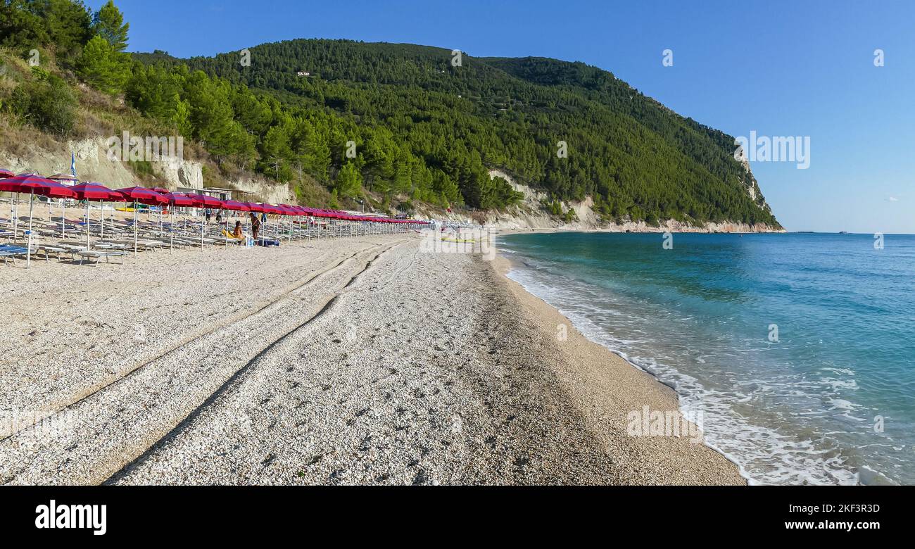 Sirolo, Italy - 09-02-2021: Extra wide view of the beautiful beach of ...