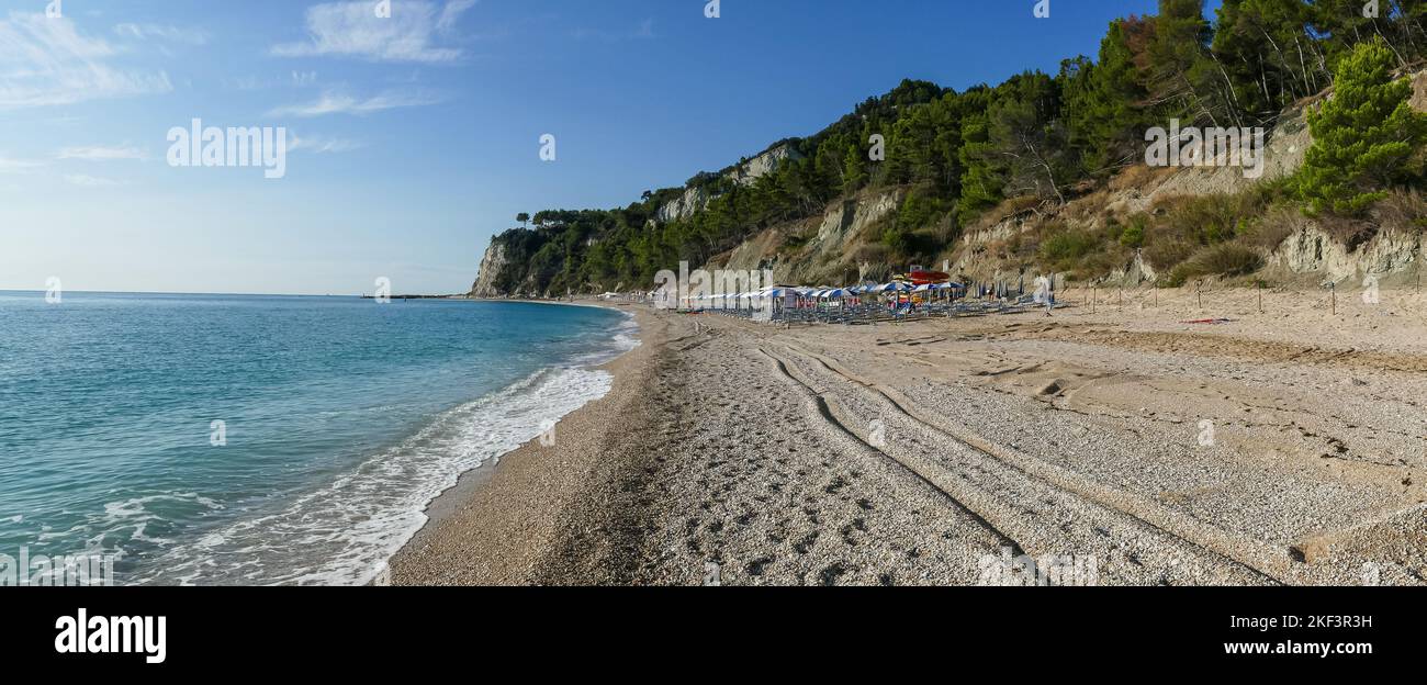 Sirolo, Italy - 09-02-2021: Extra wide view of the beautiful beach of ...