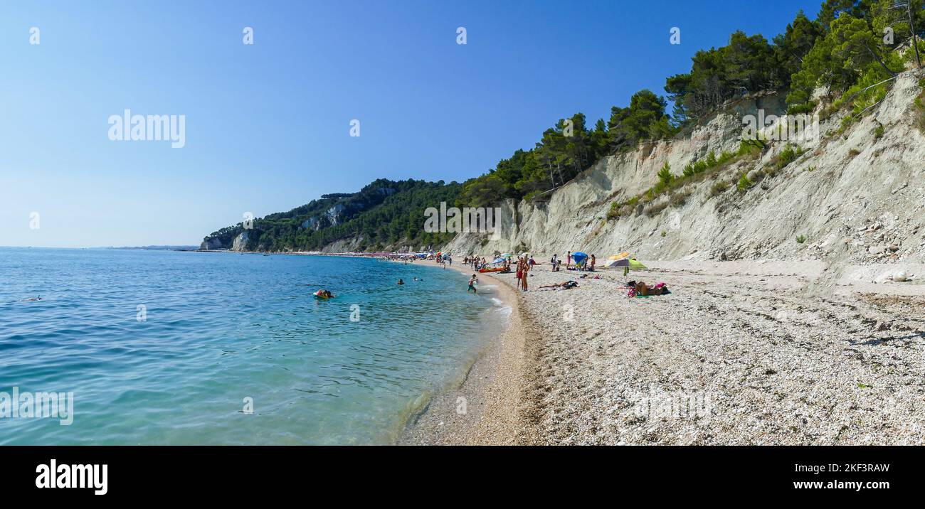 Sirolo, Italy - 09-02-2021: Extra wide view of the beautiful beach of ...