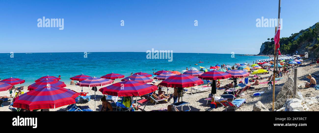 Sirolo, Italy - 09-02-2021: Extra wide view of the beautiful beach of ...