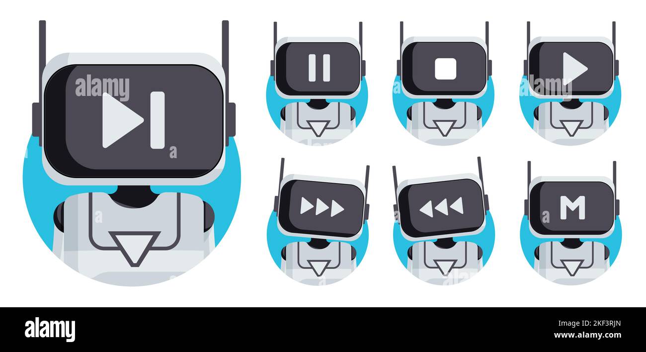 Robot Characters Vector Set Design Robots Character With Play Pause And Stop Video Button