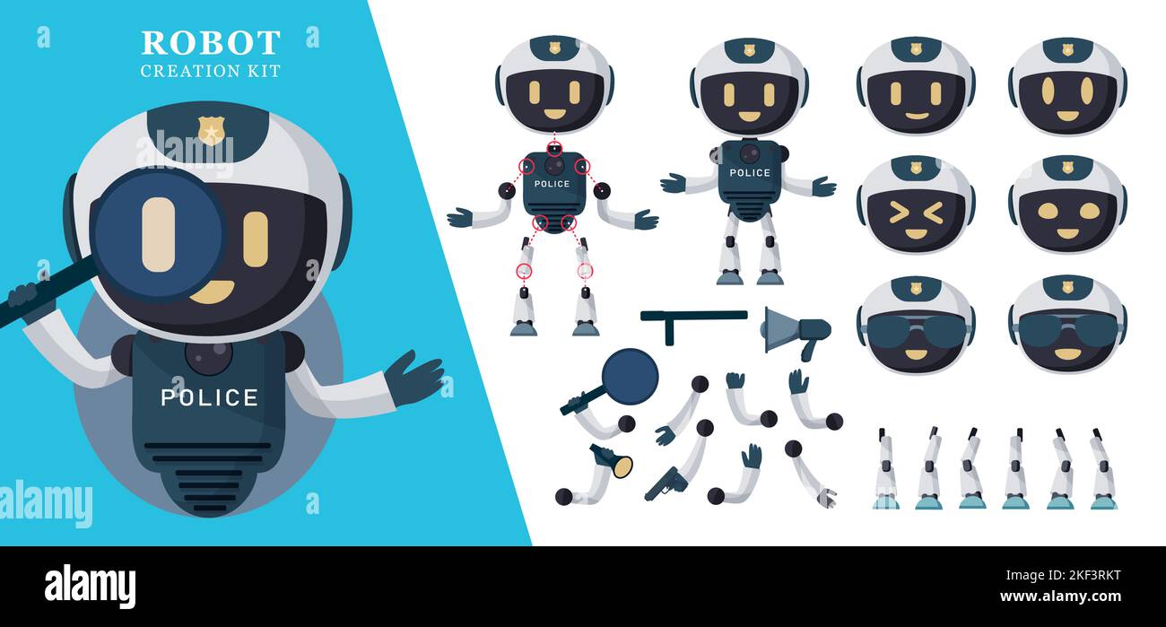 Robot Police Creation Kit Vector Set Robots Editable Characters With Head Arms Legs And Tools