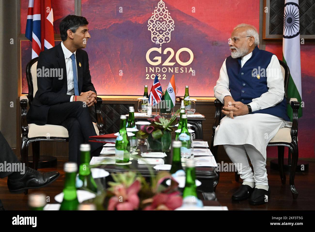 Prime Minister Rishi Sunak (left) and Prime Minister Narendra Modi of India hold a bilateral ...