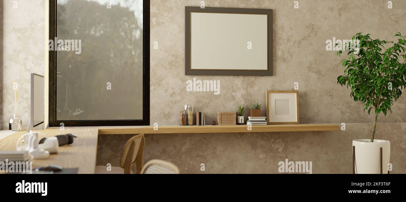 Modern loft home office workspace interior design with wood computer ...