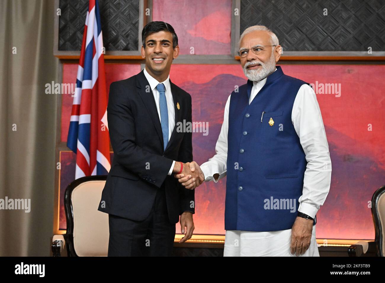 Prime Minister Rishi Sunak (left) and Prime Minister Narendra Modi of India hold a bilateral ...