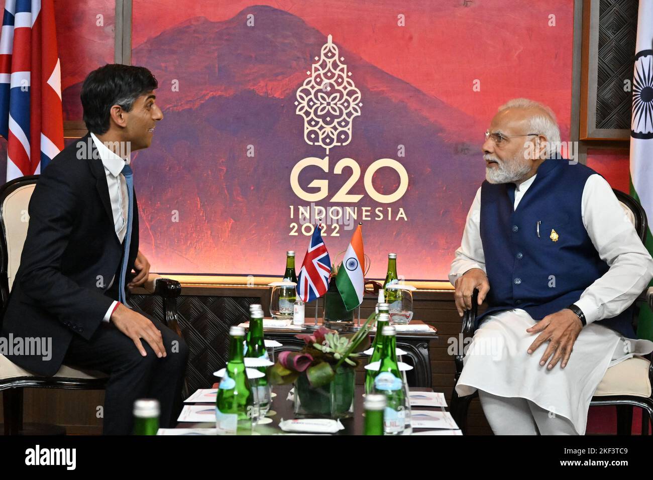 Prime Minister Rishi Sunak (left) and Prime Minister Narendra Modi of India hold a bilateral ...