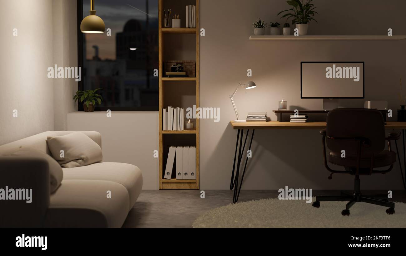 Minimal and cozy home office workspace at night with cozy couch ...