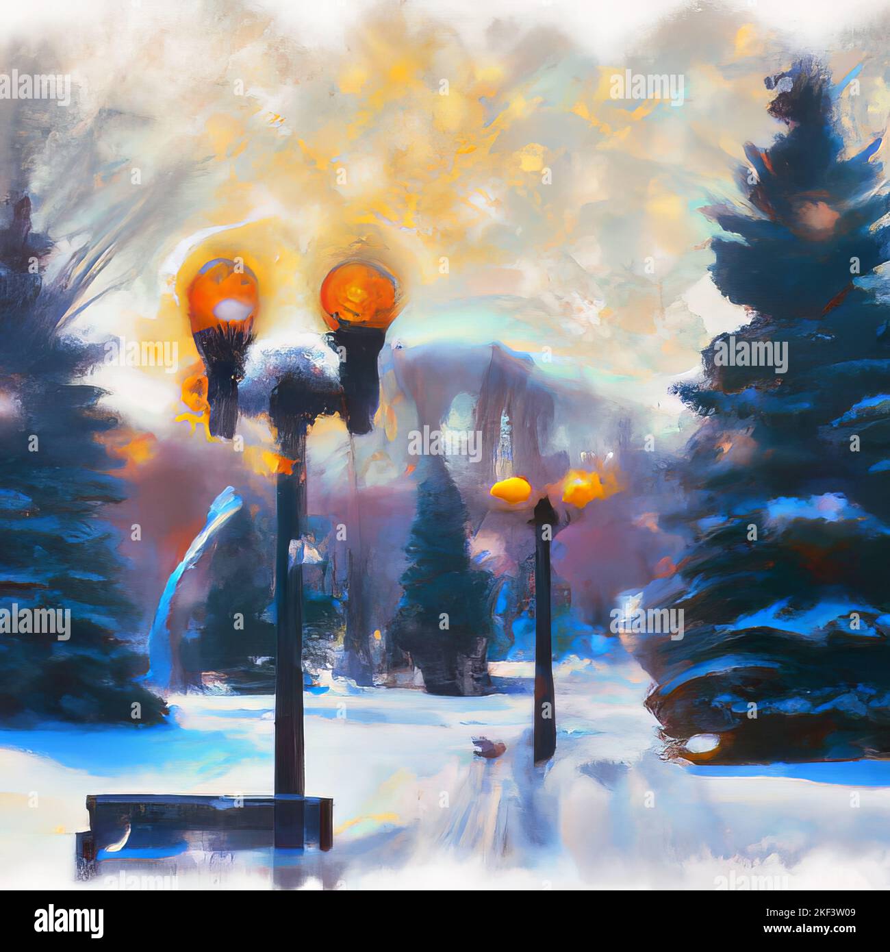winter scene with fir trees and glowing street lights on a snowy ...