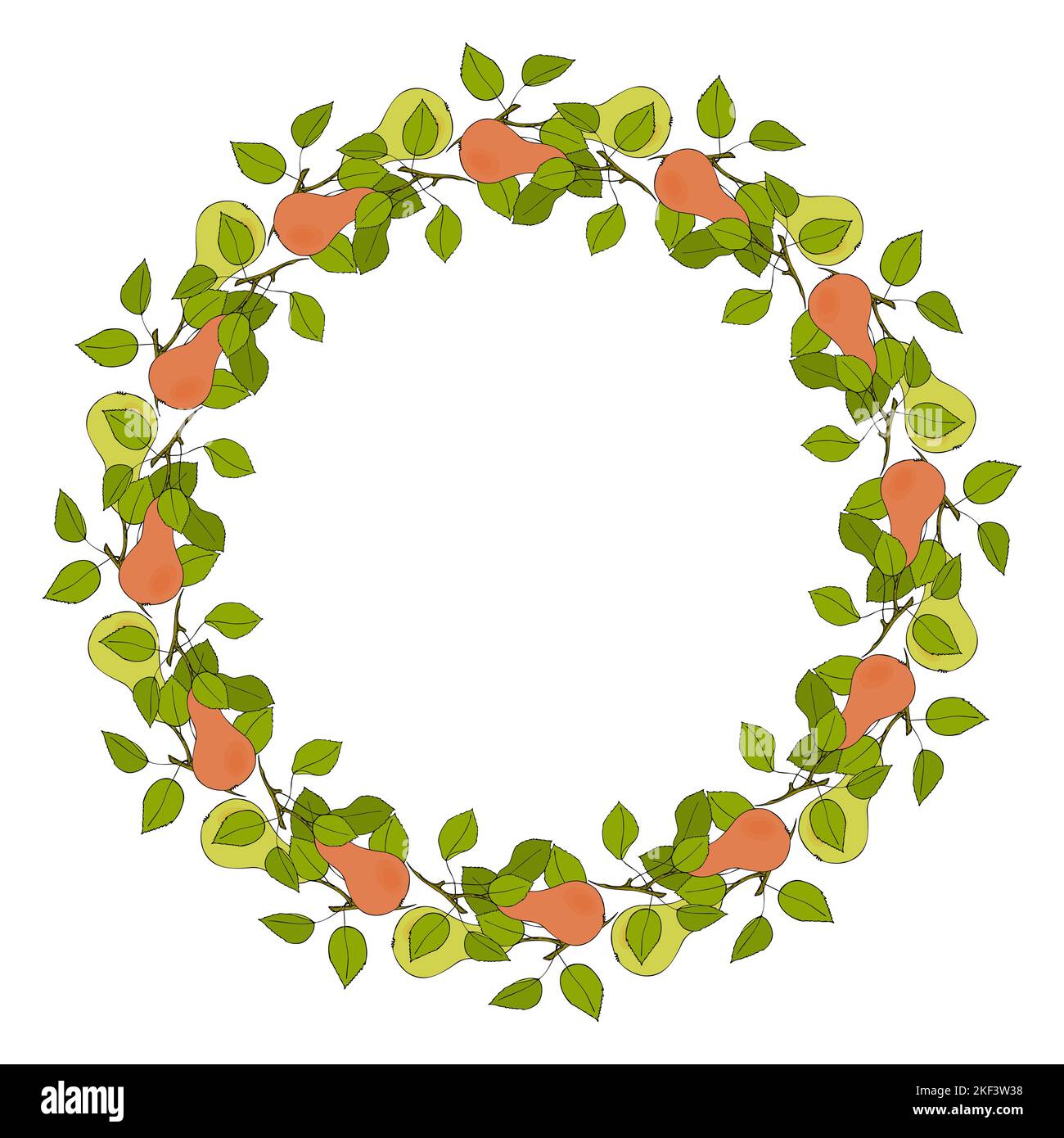 Pears Wreath circle of twigs with fruits orange and green, doodle ...