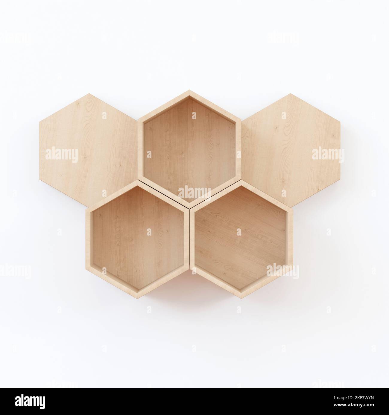 A 3D rendering of wooden hexagon shelves isolated on a white background ...