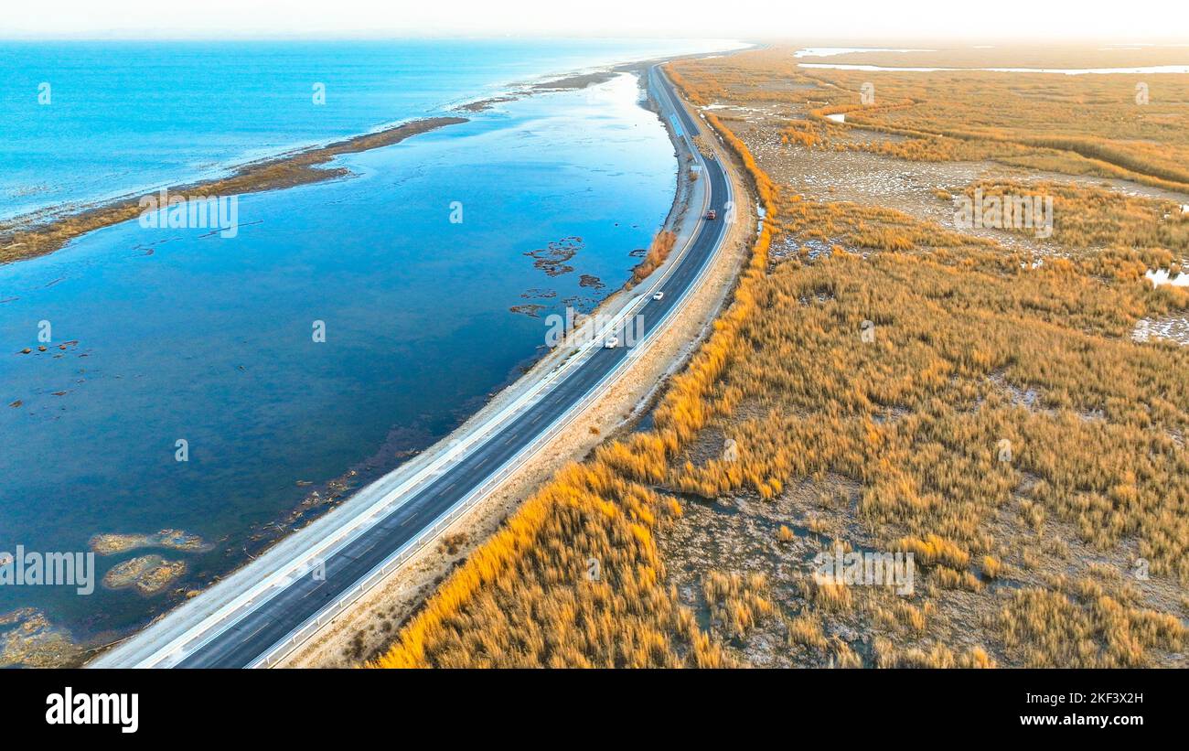 Aerial photo shows the scenery of the reed in Bosten Lake Wetland, Bohu ...