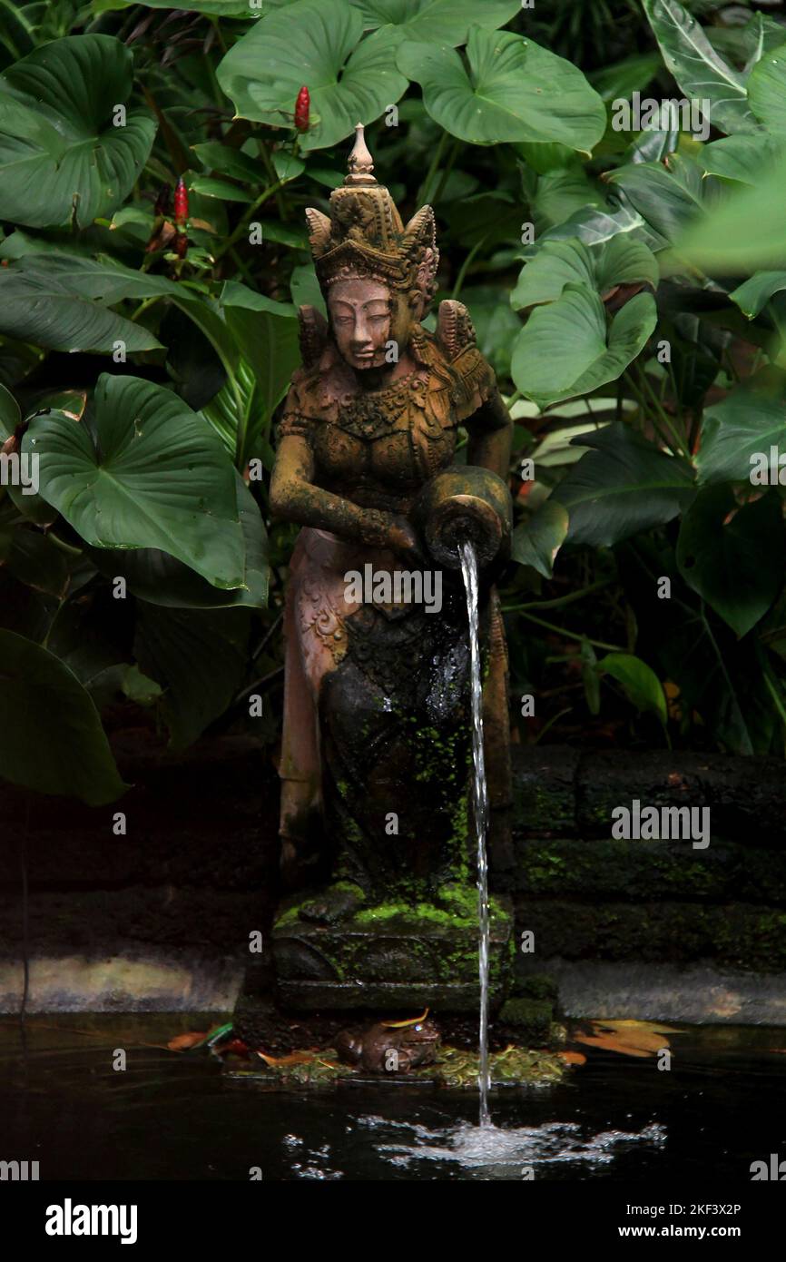A flowing water from Buddha statue in background of green leaves Stock ...