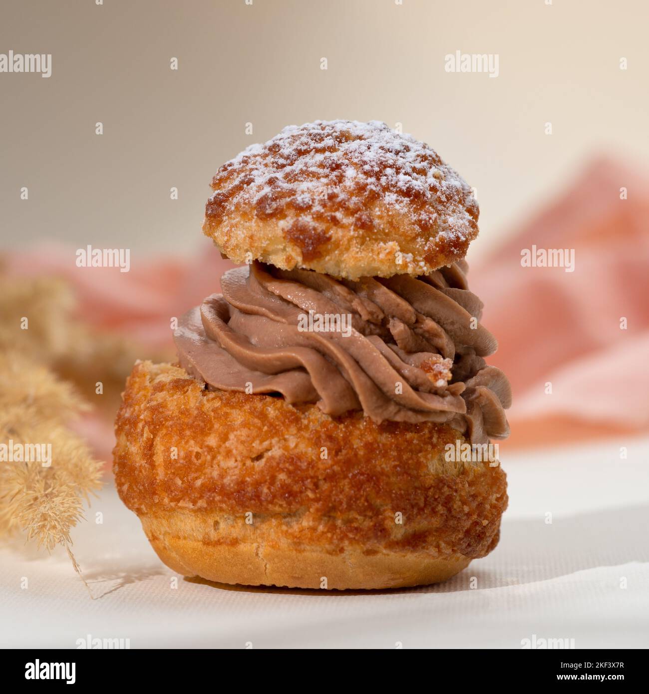 French dessert choux a la creme with whipped chocolate cream. Shu cake ...