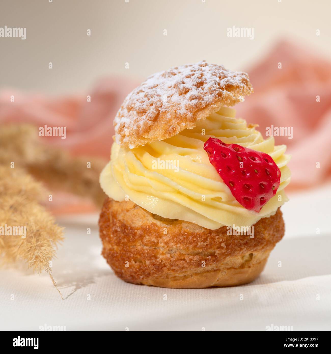 Summer desserts. Homemade baking. Cake profiteroles with whipped cream ...