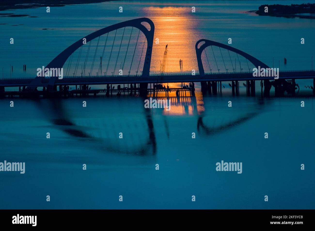 Aerial photo show the sunrise views of the Baima Lake Bridge in Huai'an ...