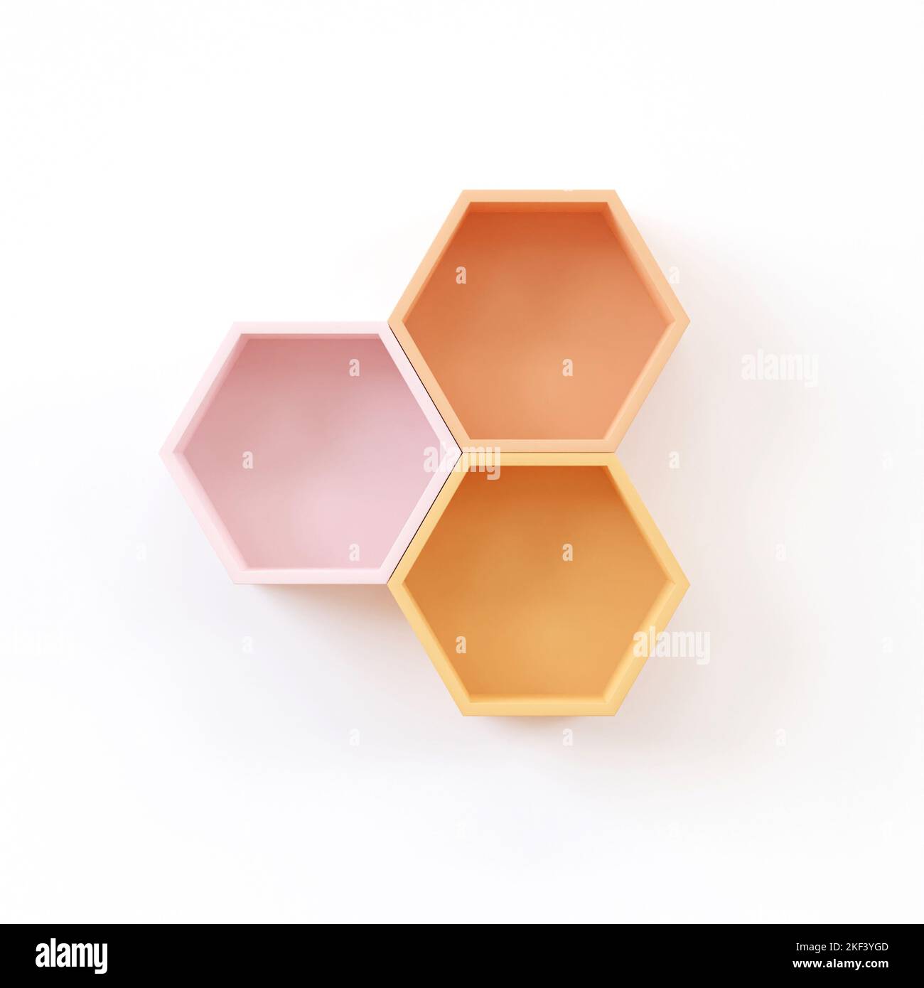 A 3D rendering of colorful empty wooden Hexagon shelves on white wall ...