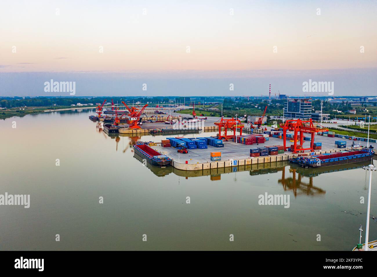 Aerial photos show the views of Zhoukou inland waterway port in Zhoukou ...