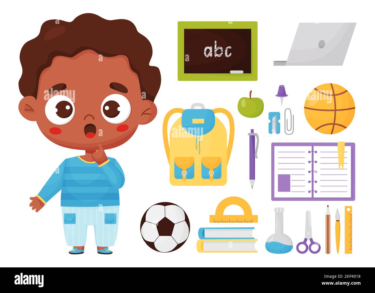 Set school items and schoolboy. Ethnic black boy and study supplies ...