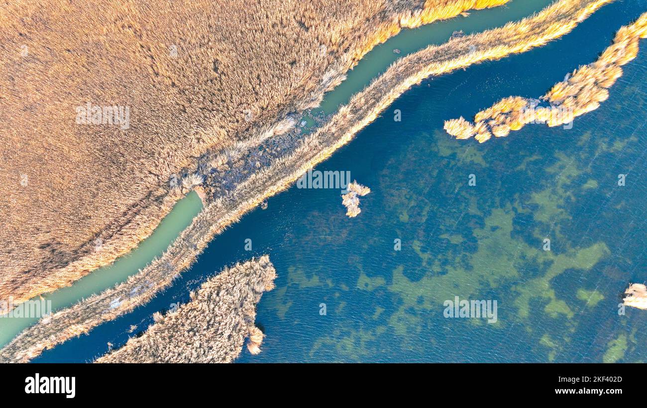 Aerial photo shows the scenery of the reed in Bosten Lake Wetland, Bohu ...