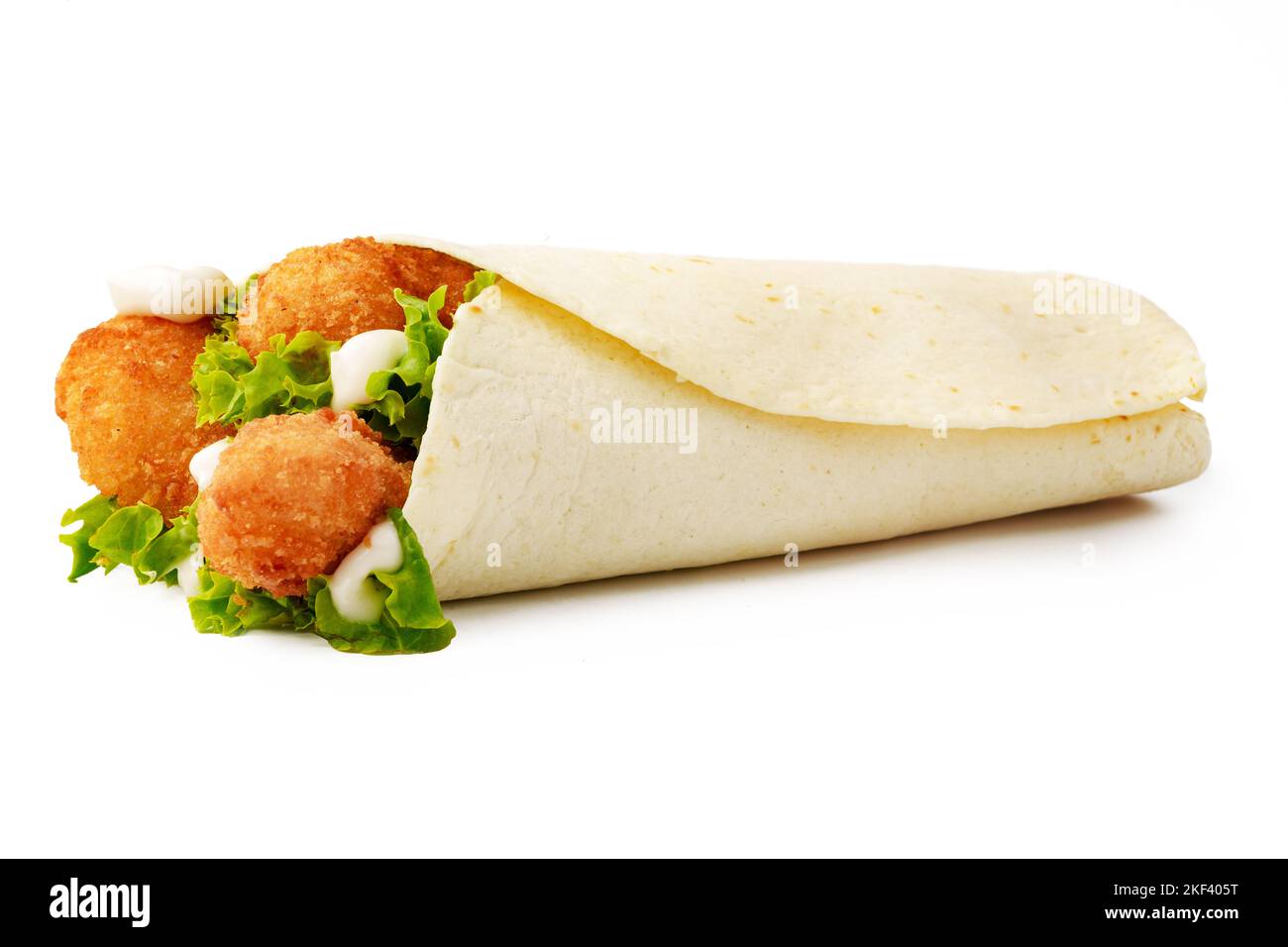 Tortilla wrap with fried chicken meat and vegetables isolated on white ...