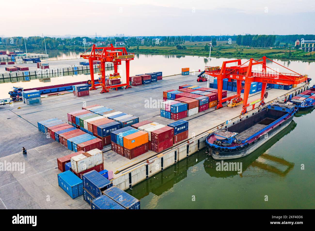 Aerial photos show the views of Zhoukou inland waterway port in Zhoukou ...