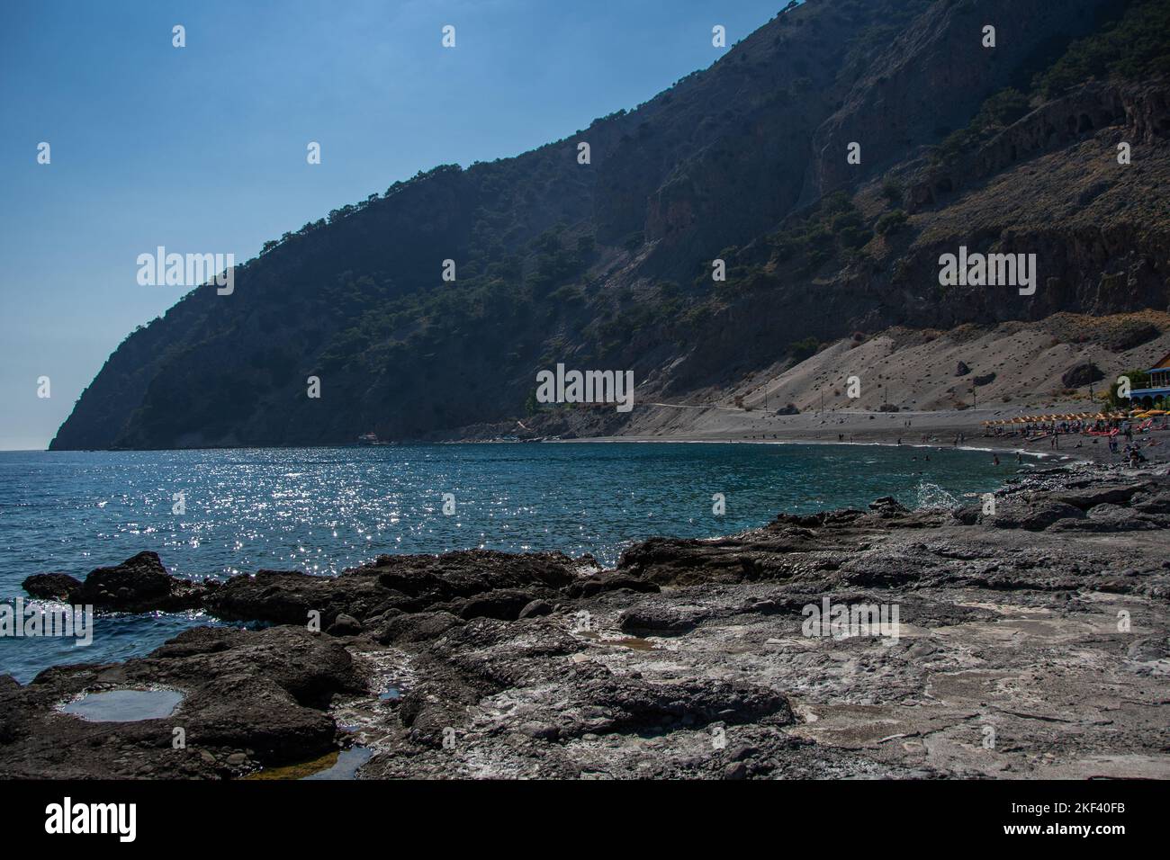 The beach of the small town of Agia Roumeli at the end of the Samaria ...