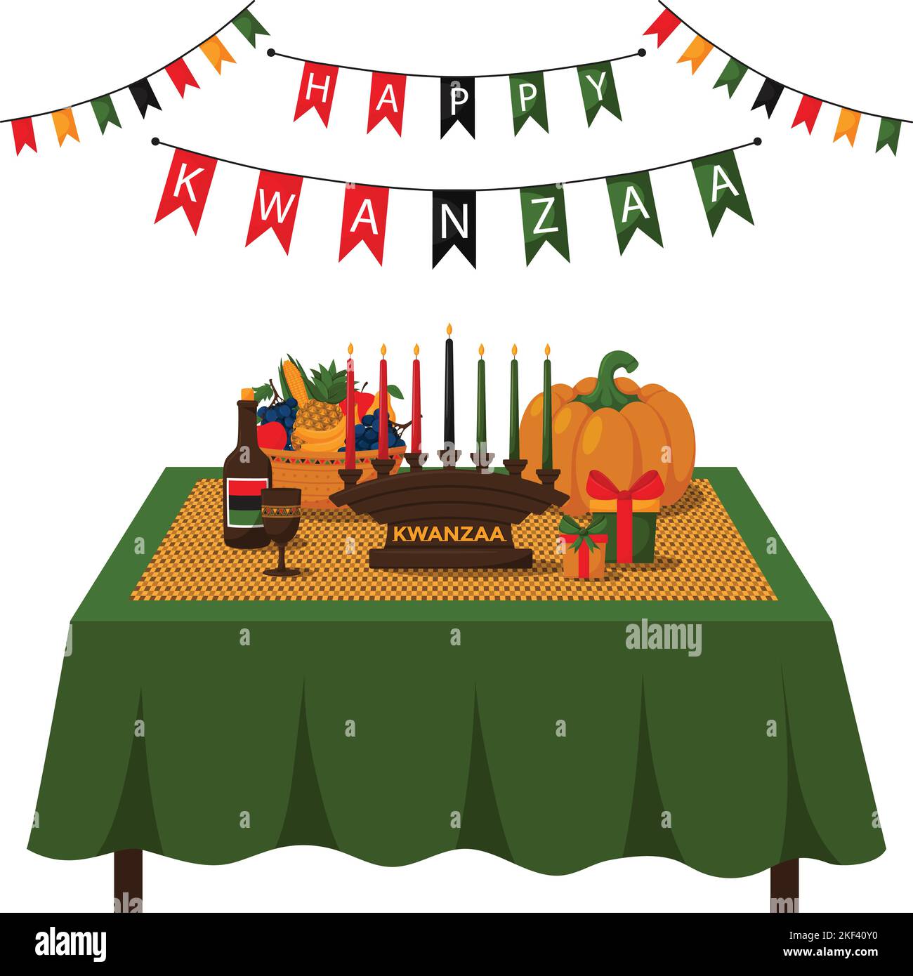 Happy Kwanzaa. A festive table with a woven mat, unity cup, kinara ...
