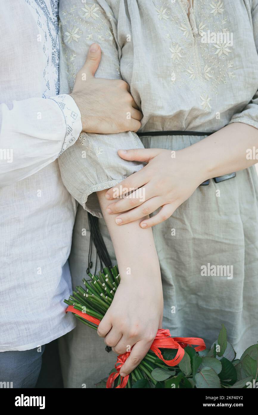 Close up loving people hold each other concept photo. Romantic pair ...