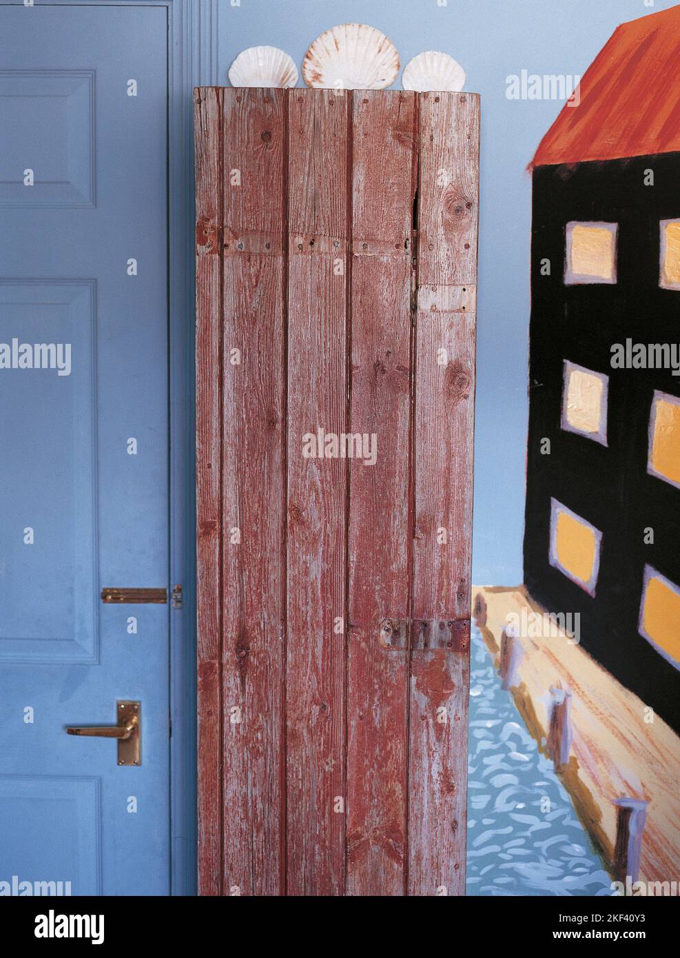 A decorative wall composition with recycled wooden panels Stock Photo ...