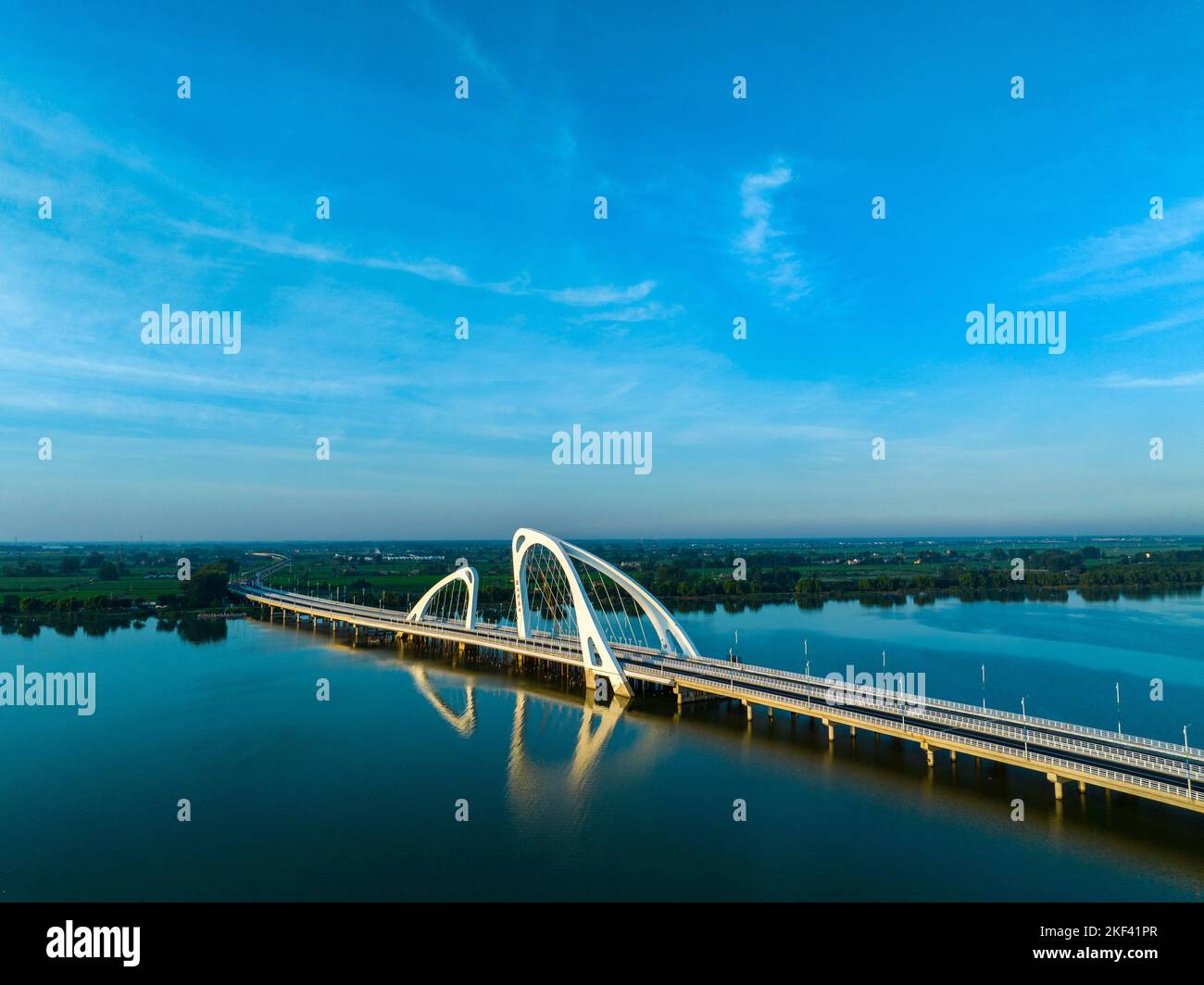 Aerial photo show the sunrise views of the Baima Lake Bridge in Huai'an ...