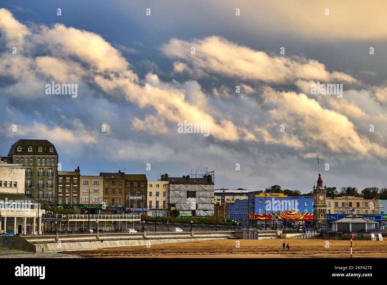 The sand beach with historical buildings in the background, Margate, UK ...