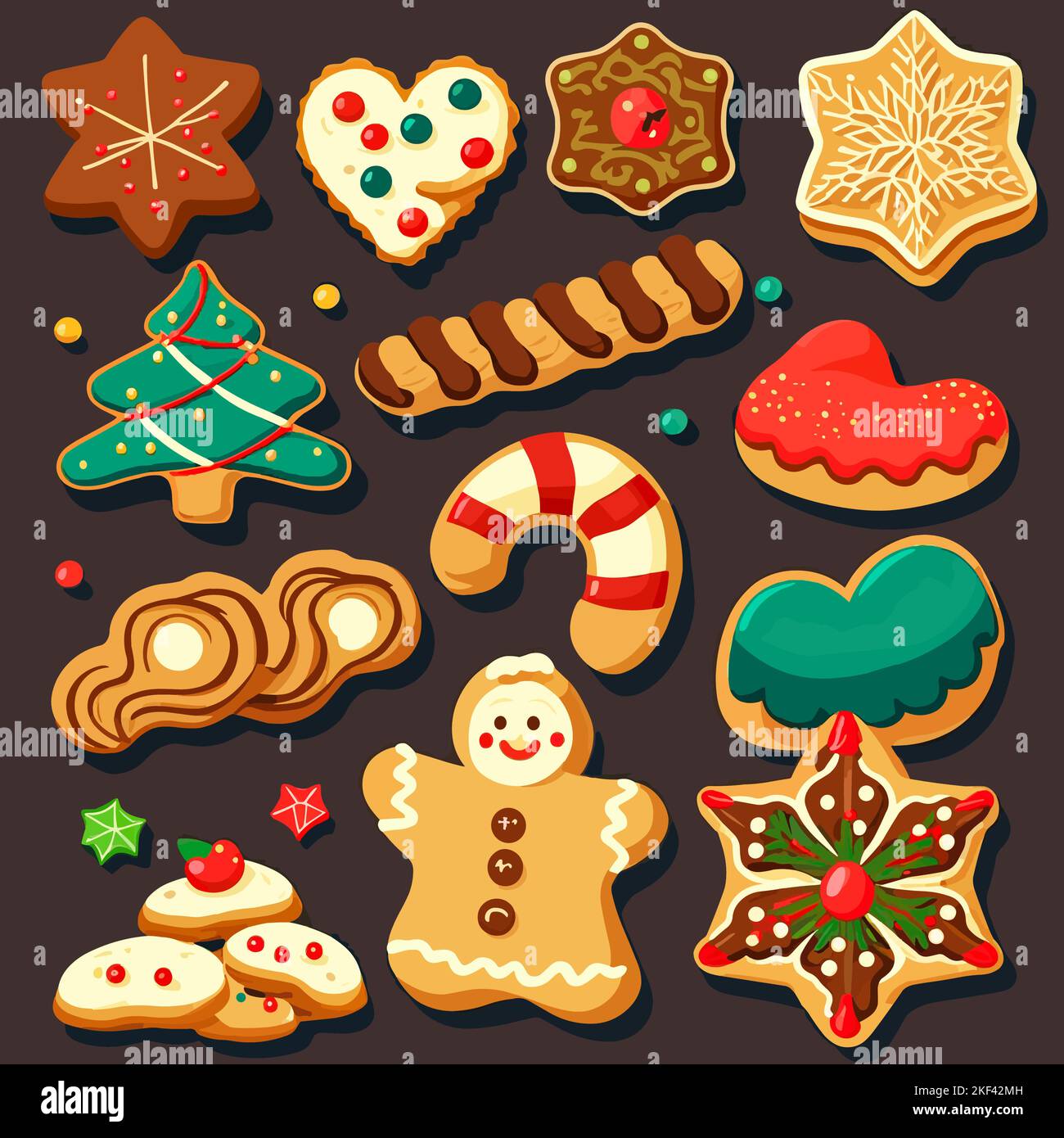 A set of different Christmas cookies isolated on the brown background ...