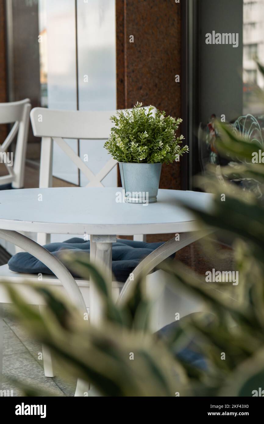 Outdoor table in street cafe. Outdoor empty coffee and restaurant ...