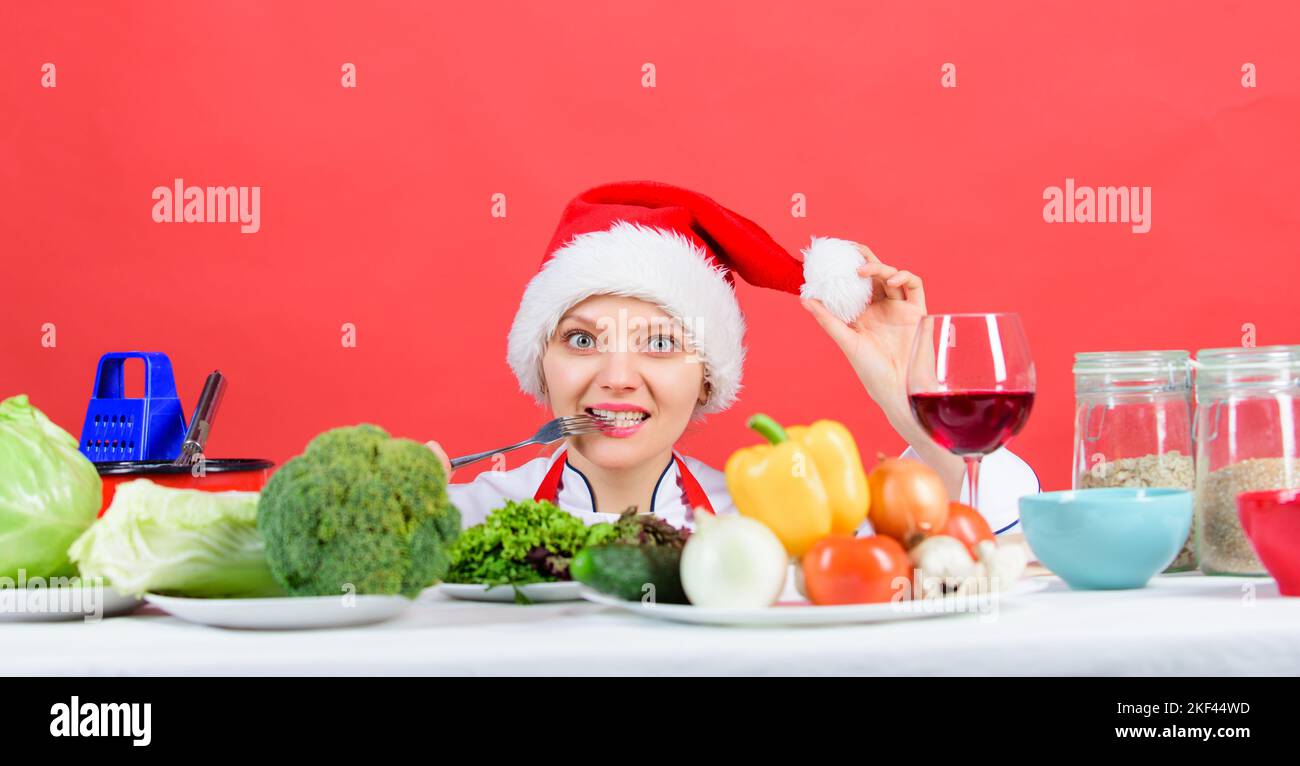 Woman chef or housewife cooking while wear santa hat. Best christmas ...