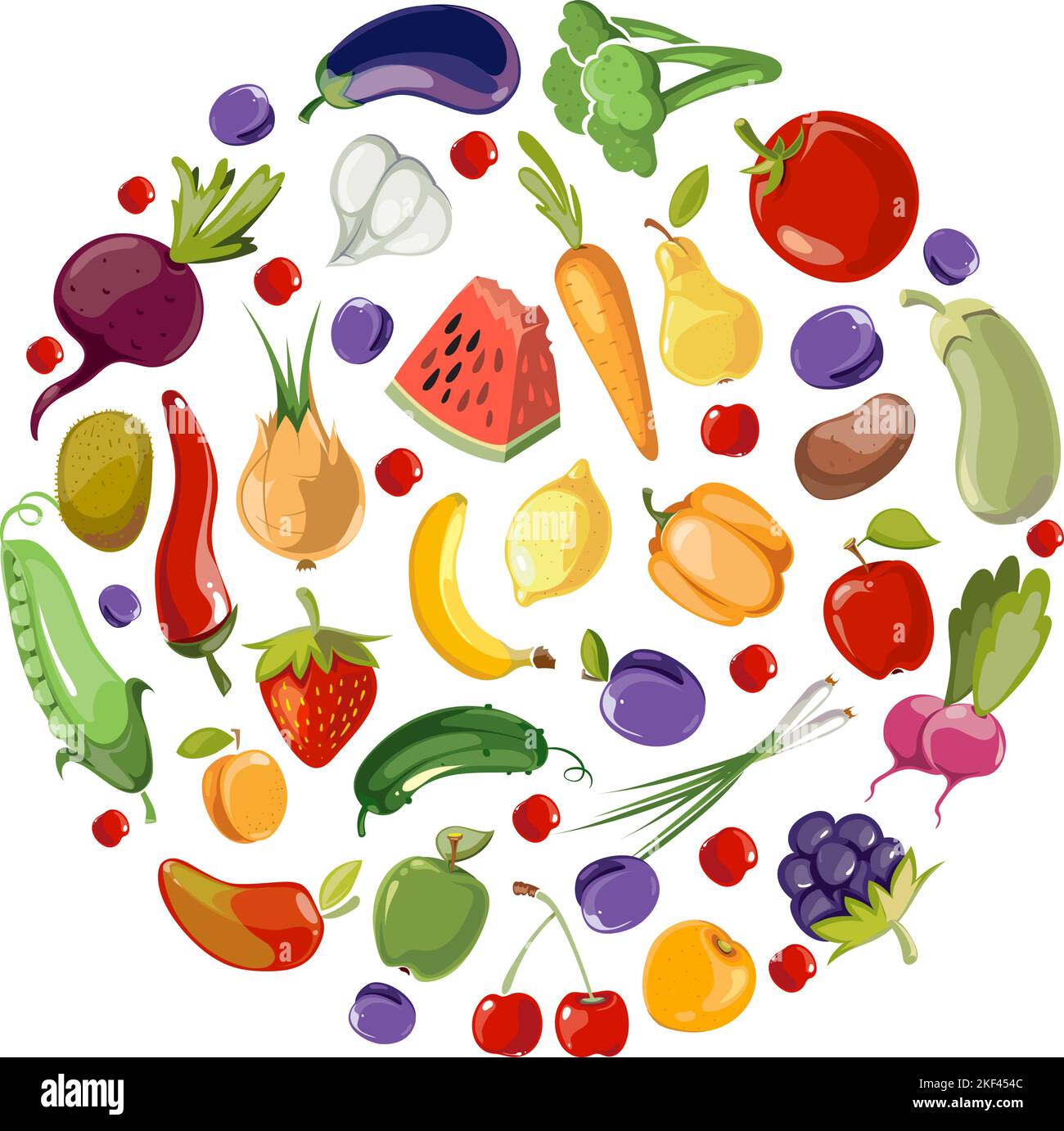 Fruit and vegetables circle. Round cartoon food pattern Stock Vector ...
