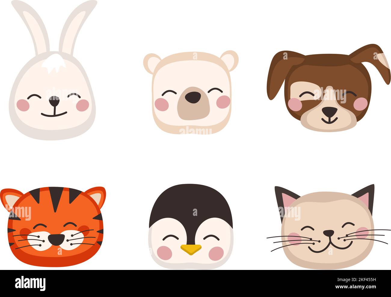Set with cute animal heads of penguin, tiger, hare, bear, dog and cat ...