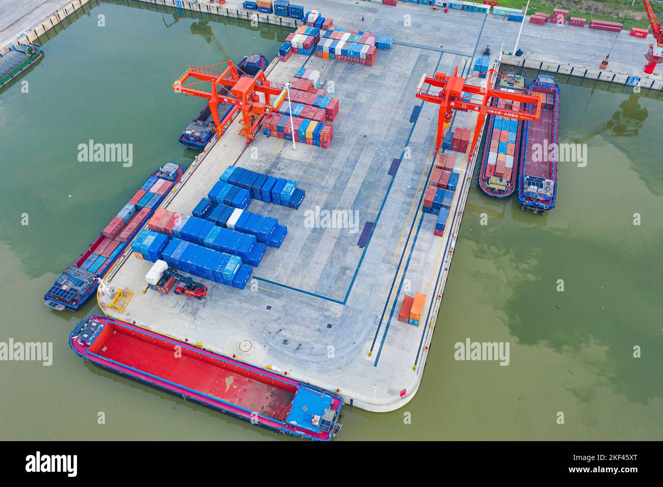 Aerial photos show the views of Zhoukou inland waterway port in Zhoukou ...
