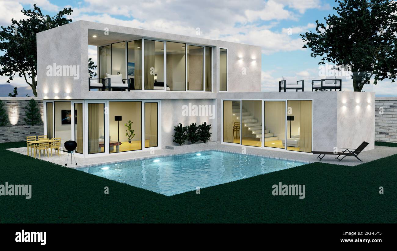 Modern house on the relief. Exterior. Evening illumination of the ...